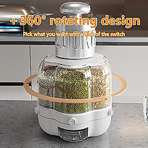 15lb Cereal and Grain Storage Container, 6-Compartment 360°Rotating Dry Food Dispenser with Measuring Cup, Kitchen Lentil Round Storage Container Dispenser for Small Grains, Beans, Rice, Barley,
