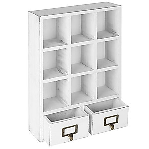 MyGift Wall-Mounted Wood Shadow Box Shelf - Vintage White Wooden Table Top Display Organizer with 2 Pull Out Drawers