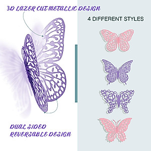 3D Gold Butterfly Wall Decor 48Pcs 3 Sizes 4 Styles Butterfly Party Decorations Cake Decorations Removable Stickers Wall Decor Room Mural Metallic Kids (Purple+Pink)