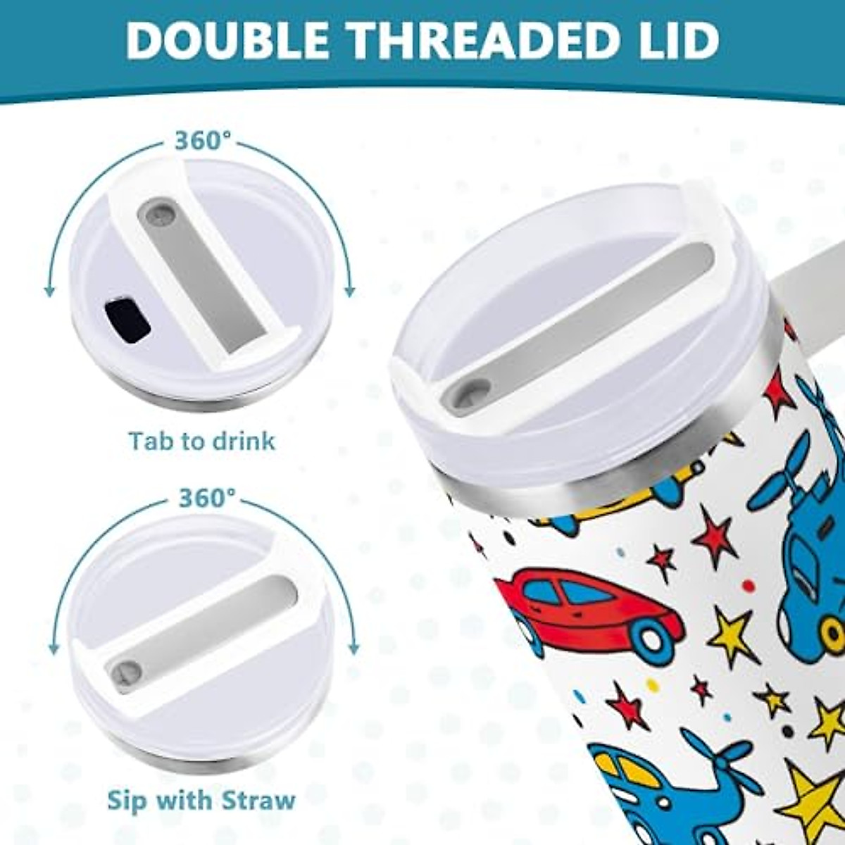 ODAWA Cartoon Vehicles 30 Oz Tumbler with Handle Iced Coffee Tumbler Reusable Stainless Steel Tumblers