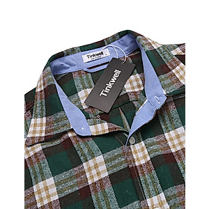 Tinkwell Mens Cotton Button Down Shirts Long Sleeve Plaid Dress Shirts Regular Fit M Green White