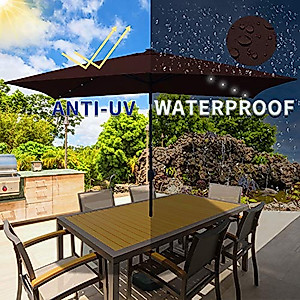 SUNLAX LED Rectangle Patio Umbrellas, 6.5x10ft Market Table Umbrella with Solar Powered Lights-Brown