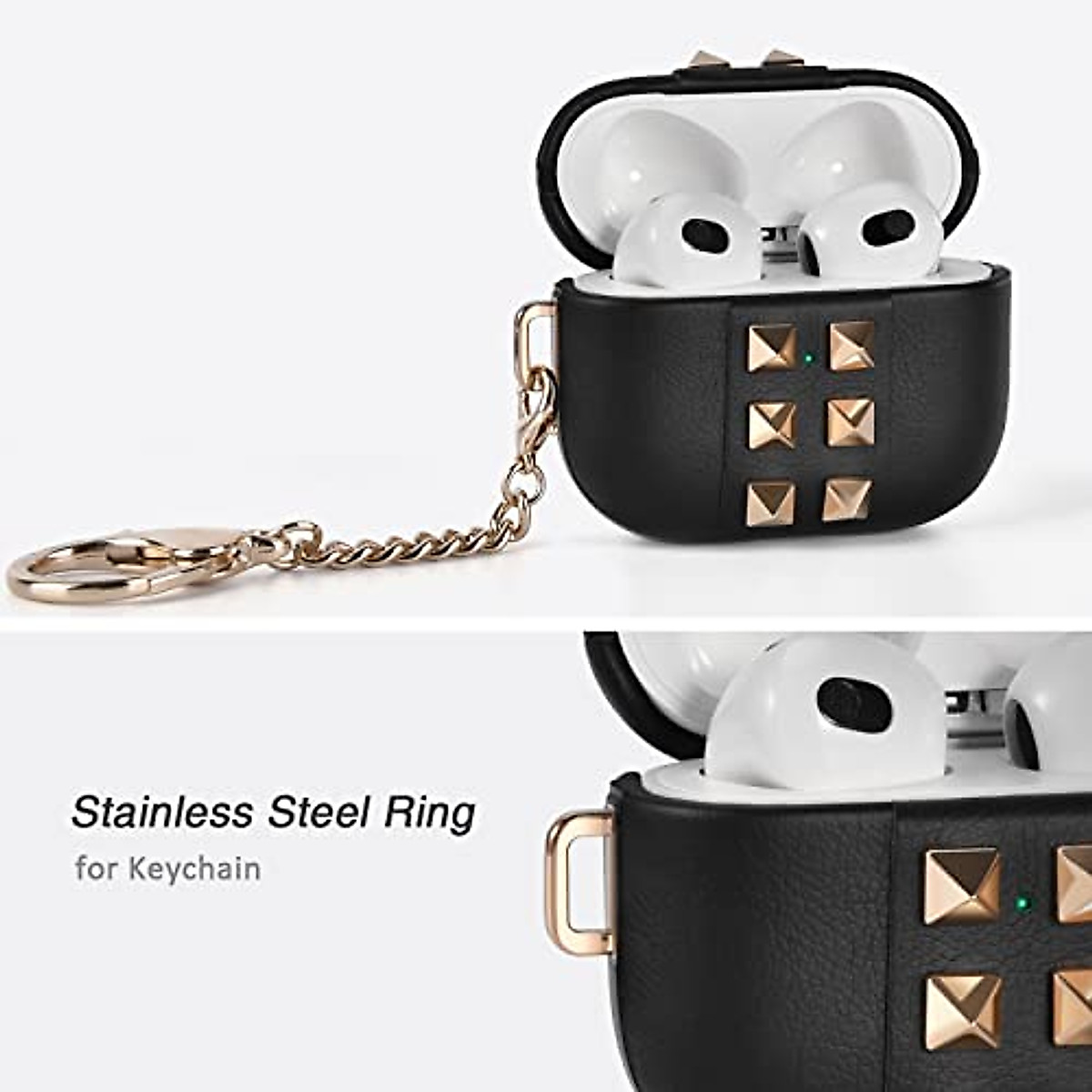 Nereides Compatible with AirPods 3 Case, Protective Leather Cover with Keychain, High-end Fashion Design Skin with Bling Rivets for Women, Supports Wireless Charging, Black