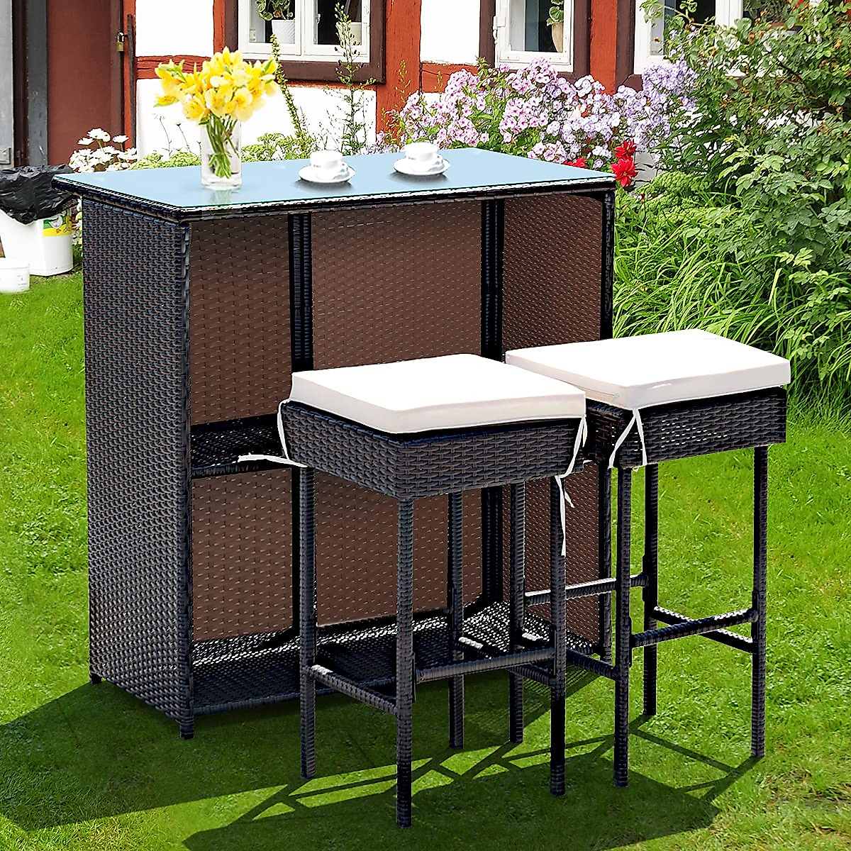 DORTALA 3 Pieces Rattan Patio Bar Table & Stool Set, Patio Furniture Set for Lawn Pool BackyardFront Porch, Dining Set w/Cushion, Beige