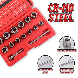 UYECOVE 15-Pcs Bolt Extractor Set, 3/8'' Drive Easy Out Bolt Extractor Set, Stripped Bolt Remover Nut Extractor Set for Damaged, Frozen, Rusted Sockets, Rounded-Off Bolts, Nuts & Screws