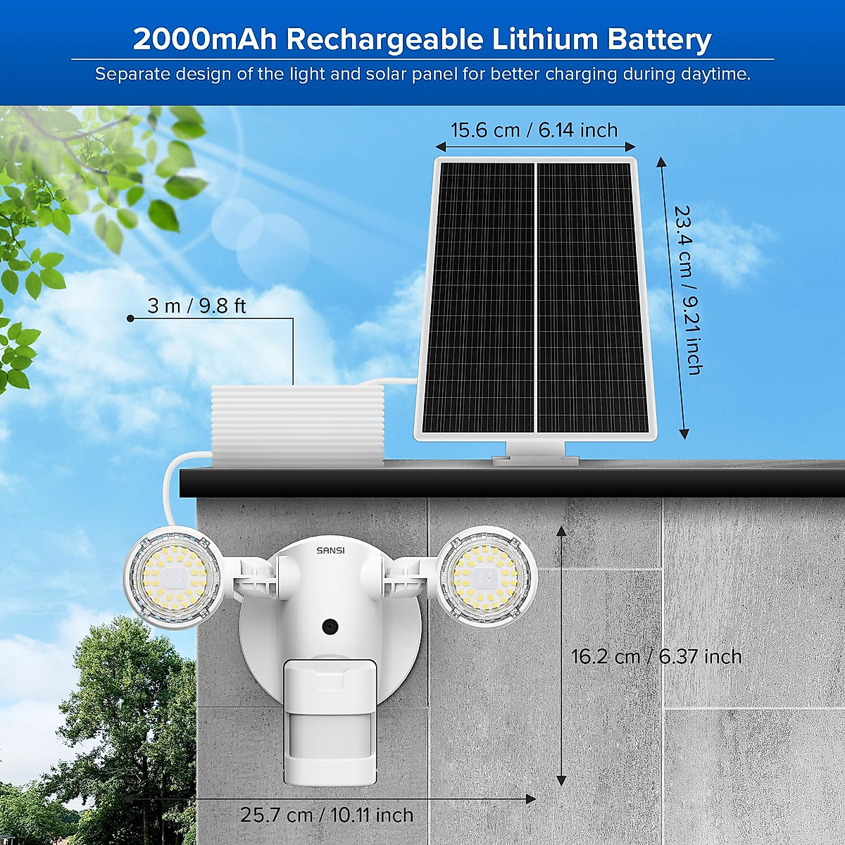 SANSI Outdoor Solar Flood Light, 500LM Motion Sensor Flood Light with 2 Working Modes, IP65 Waterproof 5000K Daylight Security Light with 2000mAh Battery 30,000 Hrs Lifespan for Patio Yard Garage