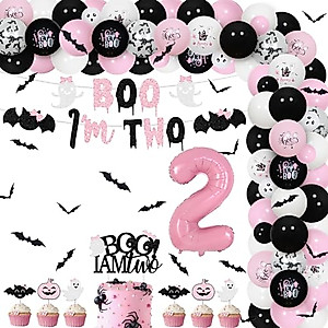 Halloween 2nd Birthday Decorations Girl, Boo I’m Two Banner & Cake Topper, Black Pink White Balloon Garland Arch Kit with 3D Bat Wall Stickers Number 2 Ghost Foil Balloons for Second Bday Party