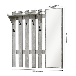 39.4" Coat Rack Wall Mount with Mirror, Wall Shelf with 5 Hooks and Storage for Hallway Entryway Modern (Grey)