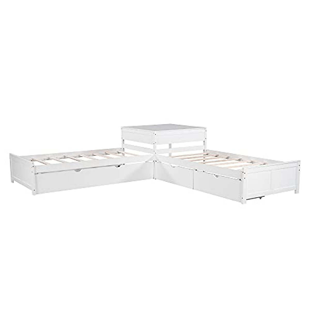 P PURLOVE L Shaped Twin Platform Bed with 2 Drawers, Wooden Platform Bed Frame with Trundle, Platform Bed with Built-in Square Table, Easy Assembly, No Box Spring Required, White