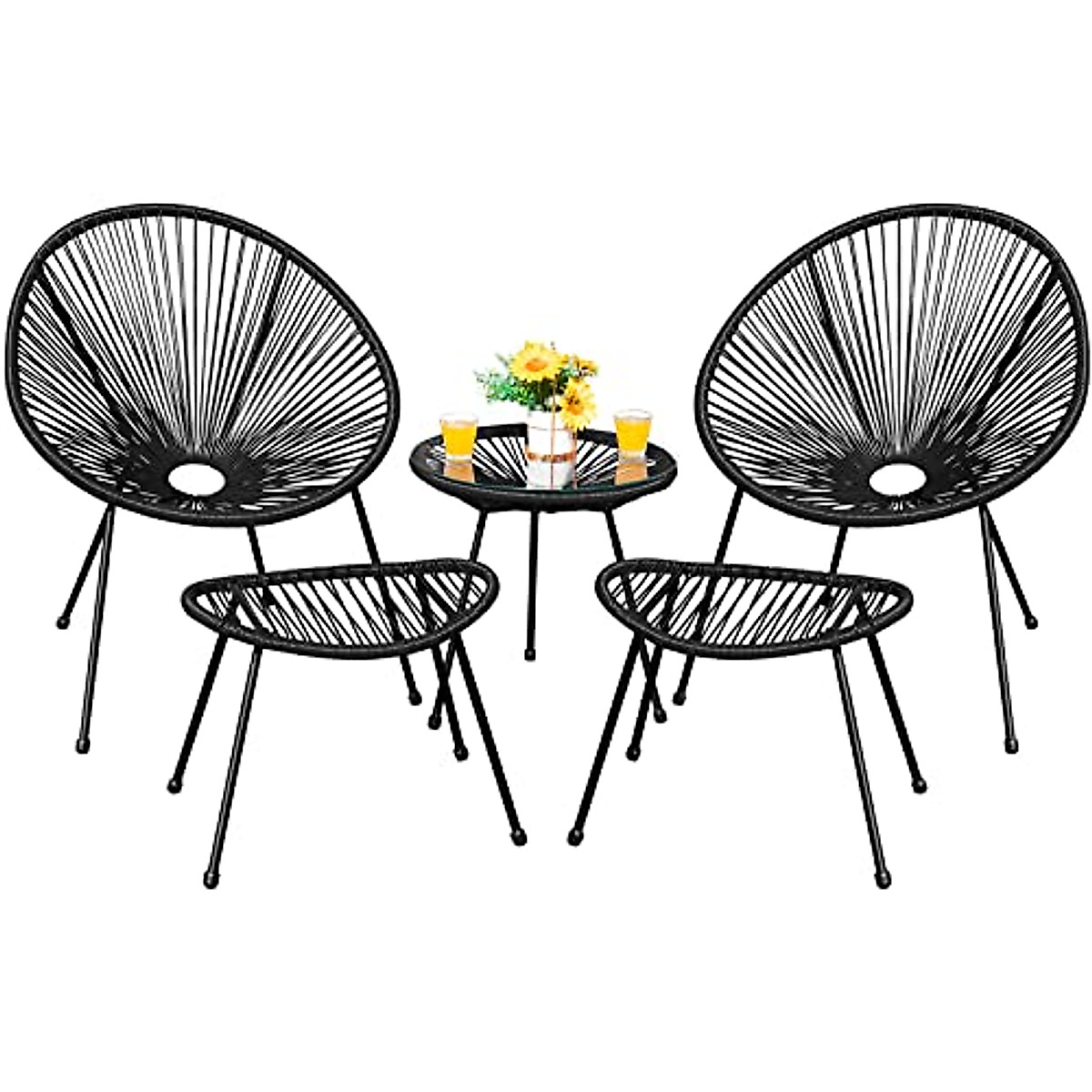 Devoko 5 Piece Outdoor Furniture Set Acapulco Modern All-Weather Conversation Set, 2 Chairs and 1 Glass Table with 2 Footrest for Indoor, Patio, Lawn, Garden, Poolside (Black)
