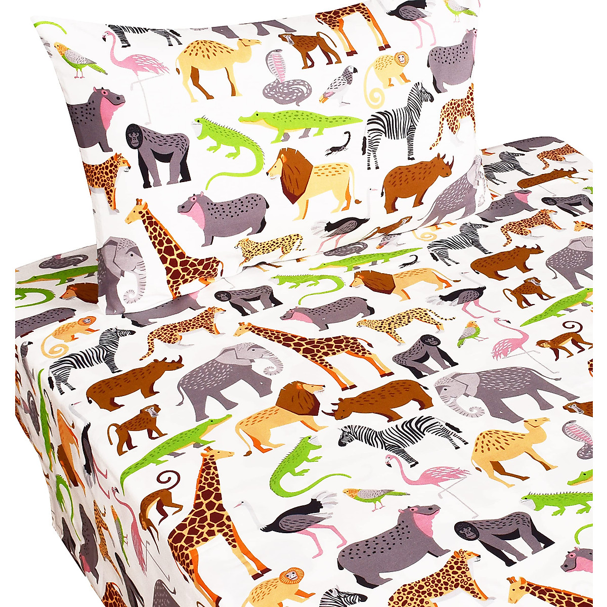 J pinno Jungle Animals Leopard Ostrich Crocodile Snake Twin Sheet Set Kids Boys Bedroom Decoration Gift, 100% Cotton, Flat Sheet + Fitted Sheet + Pillowcase Bedding Set (15, Twin)