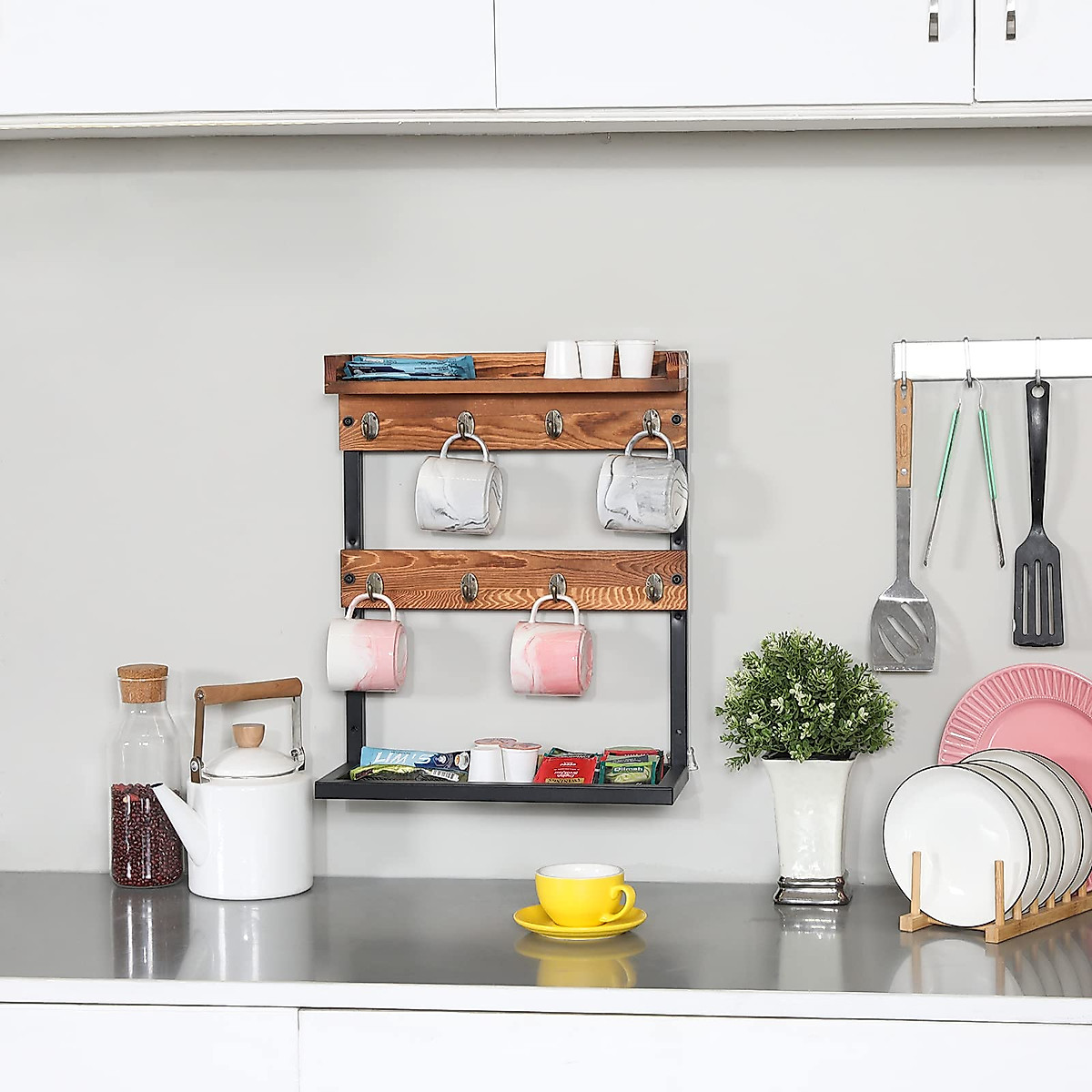 X-cosrack Countertop Coffee Mug Holder Rack 2 Tier Wall Mount Coffee Cup Holder Stand with 8 Hooks and Storage Shelf,Display Organizer Rack for Home Kitchen, Rustic Brown