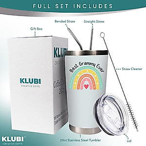 KLUBI Grammy Gifts Tumbler Mug - Best Grammy Ever 20oz Tumbler Mug With Straw - Present Idea for Great Grandma, Grandmother, Cute Birthday, from Grandchildren, Granddaughter, Happy Grammy, Bday