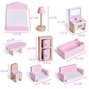 FUN LITTLE TOYS 4 Set Wooden Doll House Furniture, 22 PCs Dollhouse Accessories, Pink Wooden Toys