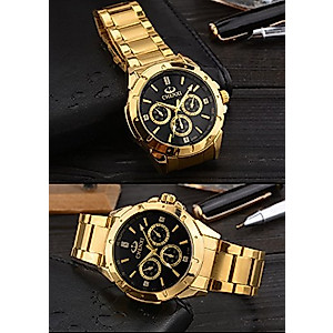 DREAMING Q&P Gold Men's Luxury Wrist Watches for Man,Black Face Stainless Steel Classic Business Golden Series Watch