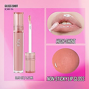 Kaja Lip Gloss - Gloss Shot | with Jojoba Oil, Tinted Shimmer, Hydrating, Non-sticky, Juicy, Nude, Plumper Looking Lips, 02 Milk Tea, 0.14 Fl Oz