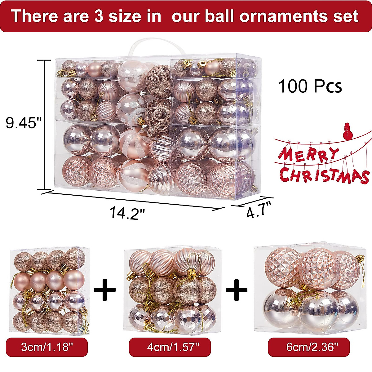 100PCS Shatterproof Christmas Tree Ball Ornaments, Assorted Baubles Set with Glitter - For Holiday Decor