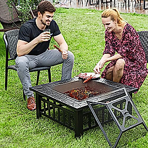 VIVOHOME 32 Inch Heavy Duty 3 in 1 Metal Square Patio Firepit Table BBQ Garden Stove with Spark Screen Cover Log Grate and Poker for Outside Wood Burning and Drink Cooling