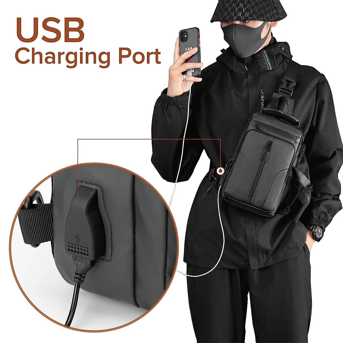 MAYMOONER Crossbody Sling Backpack Shoulder Bag for Men Women, Lightweight One Strap Motorcycle Messenger Bag Daypack for Cycling Hiking Walking Outdoor Sports Travel with USB Charger Port Grey