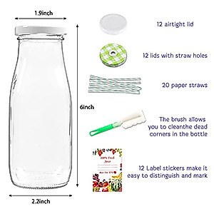 SUPERLELE 12pcs 12oz Glass Juice Bottles, Reusable Glass Bottles with Caps and Straws, Glass Bottles for Juicing, Milk, Smoothie, Drinking and Other Beverages