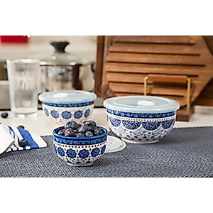 Bico Blue Talavera Ceramic Bowl with Air Tight Lid Set of 3(27oz, 18oz, 9oz each), Prep bowls, Food Storage Bowl for Salad, Snacks, Fruits, Microwave and Dishwasher Safe