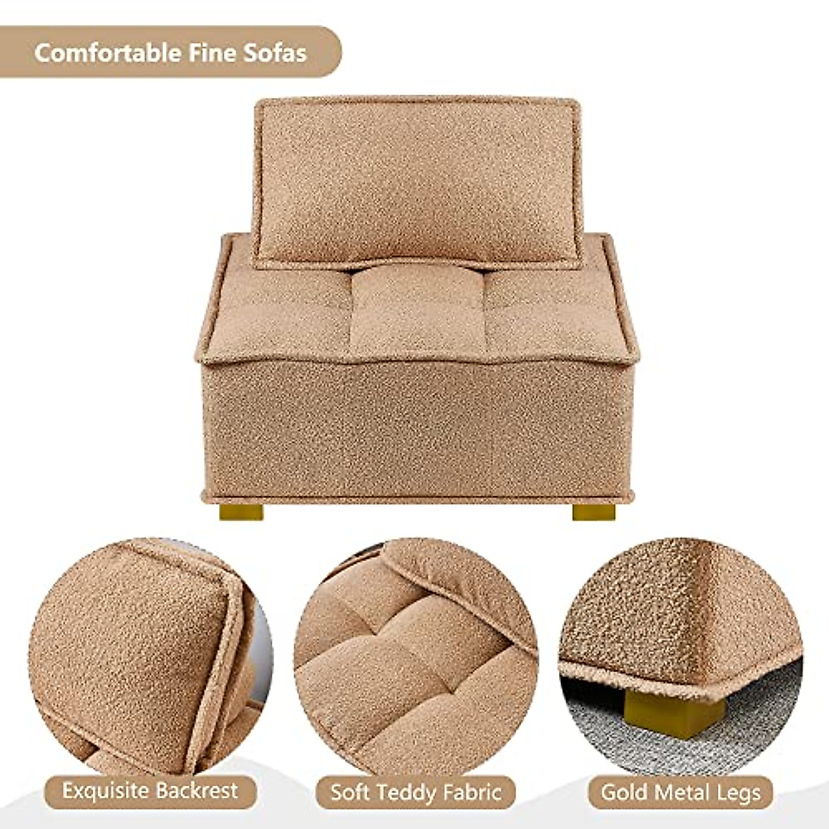 GNIXUU Modular Single Sofa, Lazy Sofas Ottoman with Gold Wooden Legs Teddy Fabric, Armless Couches for Small Space Living Room Bedroom Apartment Office