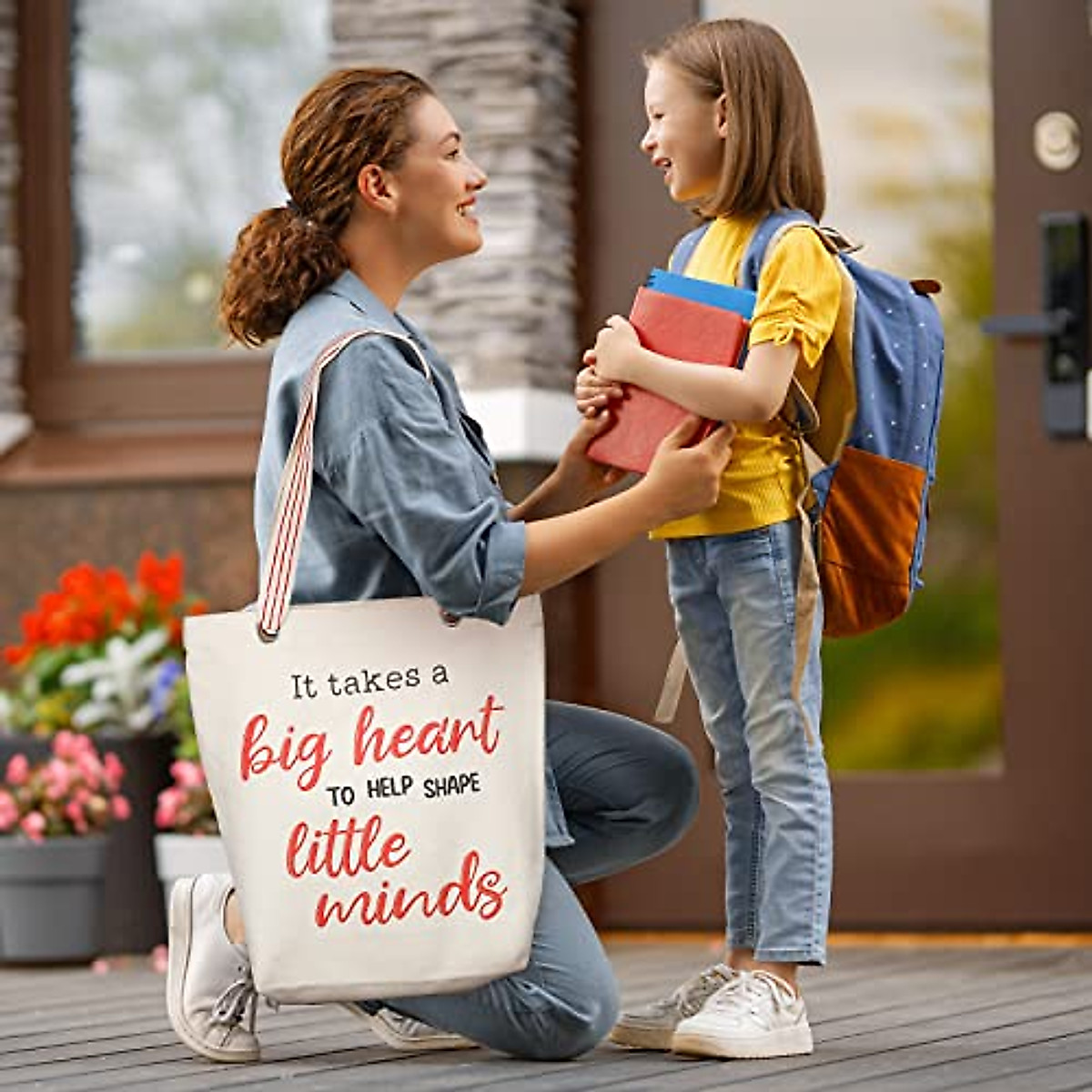 Oudain 2 Pieces Teacher Tote Bag for Women Christmas Teacher Appreciation Gift Teacher Gift Bag Canvas Teacher Bag for School Christmas Daycare, 16 x 14.8 Inch
