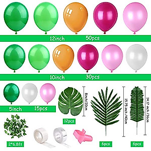FEPITO 124Pcs Tropical Balloons Garland Kit Pink Green Balloon Arch Garland with Tropical Palm Leaves, Balloon Tape Strip, Dot Glue and Tying Tool for Tropical Party Decor, Birthday Party Supplies