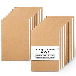 feela 15 Pack A5 Kraft Notebooks, 60 Lined Blank Pages Travel Journal Bulk, Soft Cover Notebooks for Women Girls Students, Making Plans Writing Memos Office School Supplies, 8.3 X 5.5 in