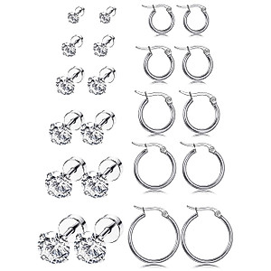LOYALLOOK 11Pairs Stainless Steel Ear Stud Piercing Hoop Earrings Set Cute Huggie Earrings Cubic Zirconia Cartilage Barbell Stud Earring Screw Flat Back Earrings