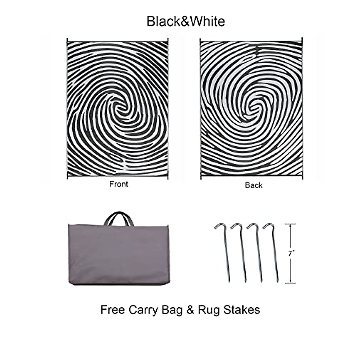 EASTVOX Outdoor Rug Waterproof Reversible Portable RV Patio Picnic Camping Backyard Deck Trailer Morden Indoor Floor Plastic Straw Beach Area Mat 9x12 Large Size (Fingerprint Black&White)