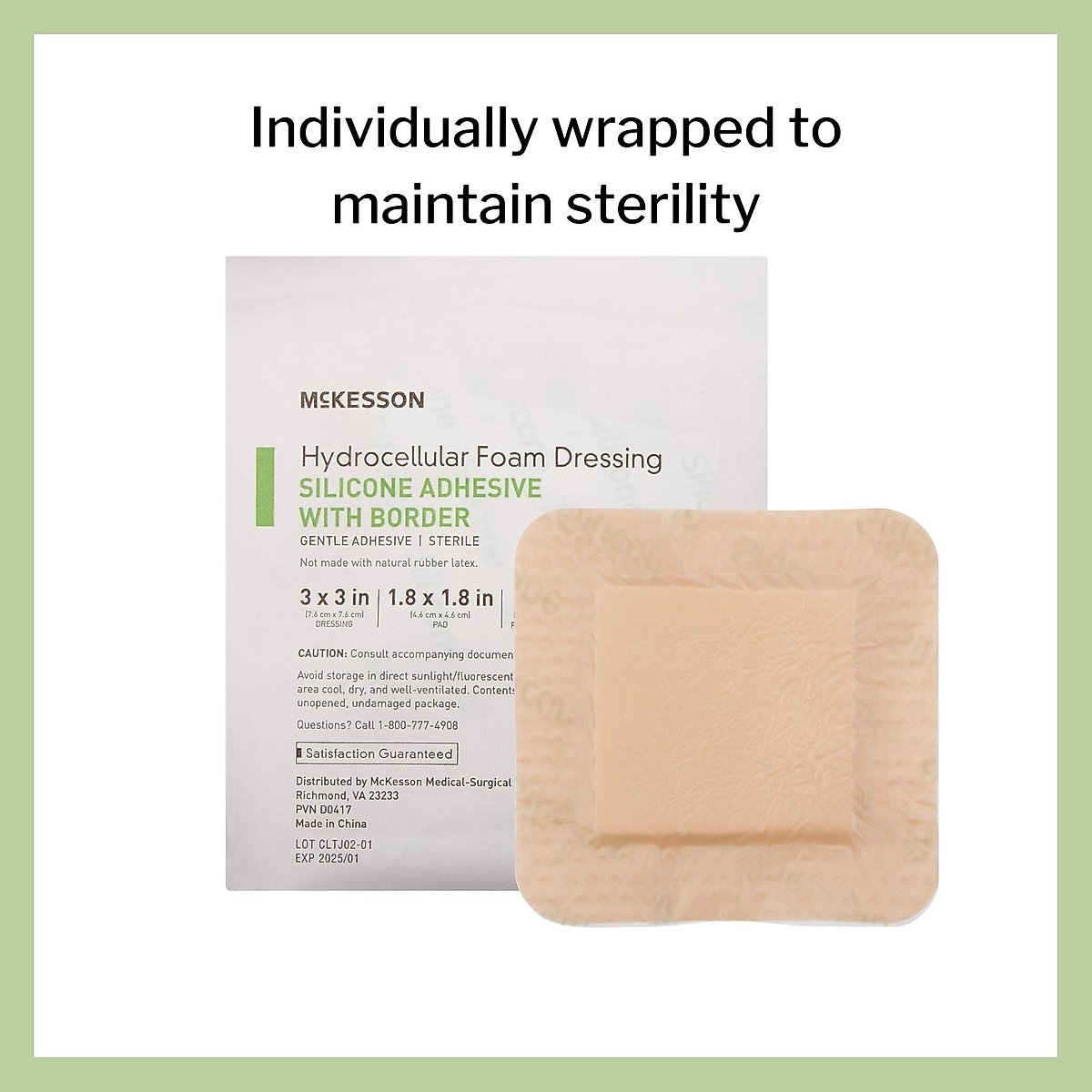 McKesson Hydrocellular Foam Dressings, Sterile, Silicone Adhesive with Border, Dimension 3 in x 3 in, Pad 1 4/5 in x 1 4/5 in, 10 Count, 1 Pack