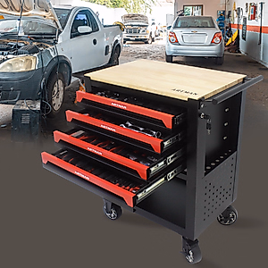 Campfun Rolling Tool Cart with 4-Drawer 266PCS Tool Set, Tool Chest Cart on Wheels, Utility Tool Box with Wooden Top Workbench, Tool Storage Cabinet Organizer for Garage, Workshop, Repair Shop