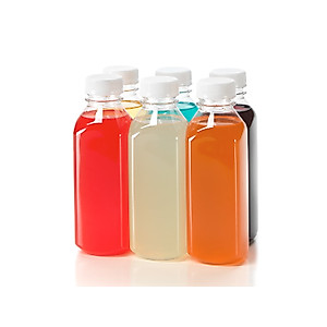 (6) 16 oz. Clear Food Grade Square Plastic Juice Bottles with White Tamper Evident Caps 6/pack