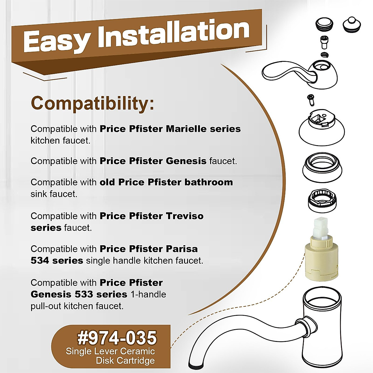 Enhon Single Lever Ceramic Disk Cartridge Compatible with 974-035/974-0350, Compatible with Price Pfister Marielle Kitchen Faucet, Faucet Cartridge Replacement