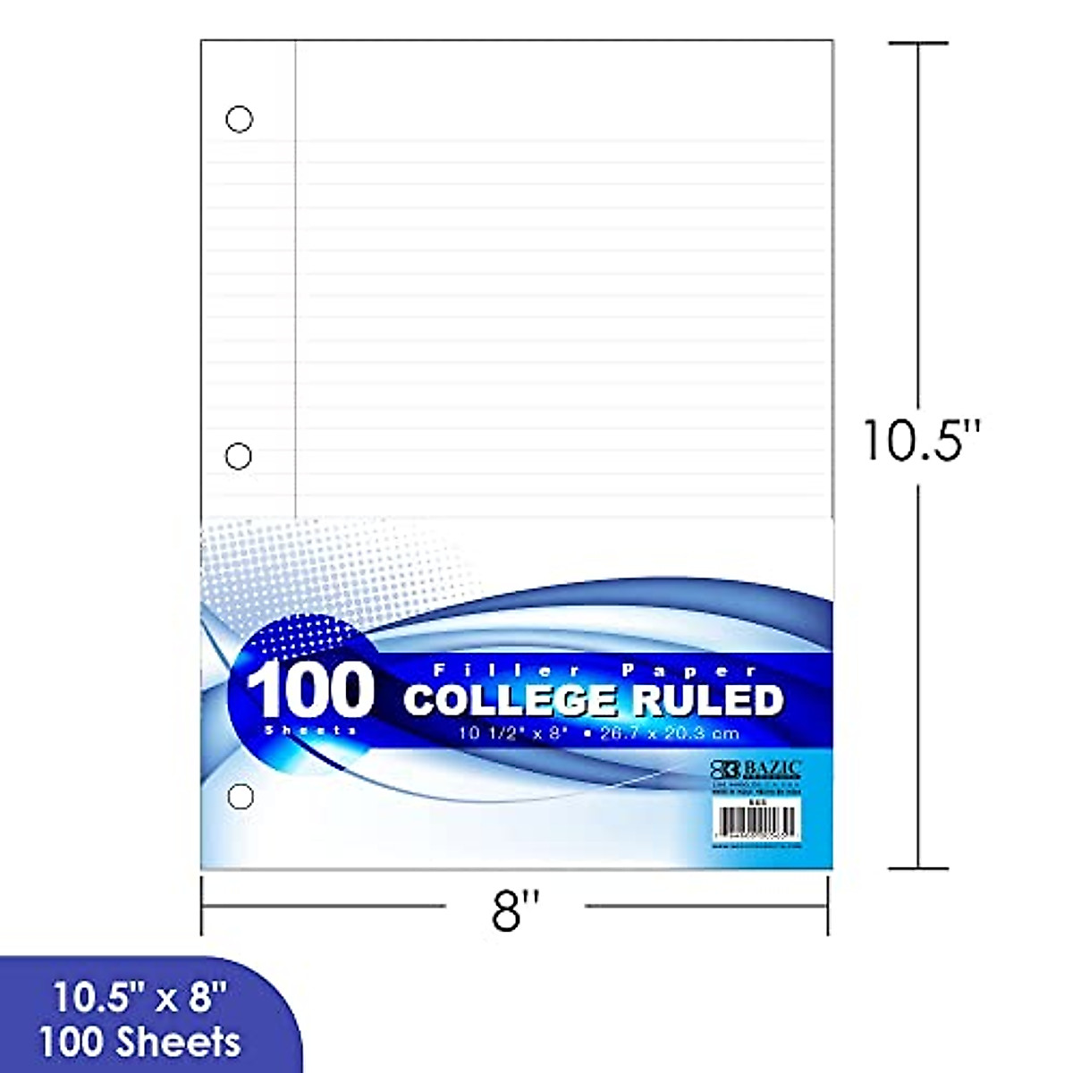 BAZIC Filler Paper Loose Leaf Papers 100 Sheet, College Ruled 3 Hole Punched for Ring Binders, for Office School Student Writing, 1-Pack