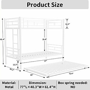 XMRCLP Heavy-Duty Metal Twin Over Bunk Bed with Trundle, Noise Reduced, Safety Guardrail for Bedroom or Guest Room, Kids, 77.00" L, 40.30" W, 61.40" H (White)