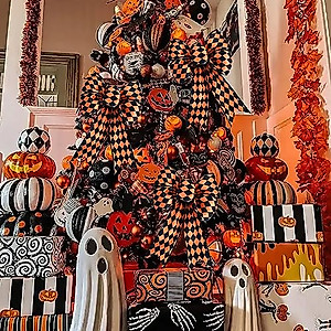 TONIFUL 2.5 Inch Orange Black Diamond Plaid Satin Ribbon Wired Edge Ribbon Thanksgiving Fall Halloween Christmas Wired Ribbon for Crafts Gift Tree Topper Wreath Bows Outdoor Indoor Decorations 6yds