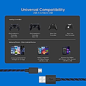TALK WORKS Micro USB Controller Charger Cable for Playstation 4-6-Foot Long Braided Heavy-Duty Fast Charger Cord for PS4, Blue-Black (3 Pack)
