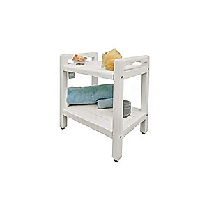 EcoDecors Coastal Vogue White Wash Eleganto 20" Teak Shower Stool with LiftAid Arms and Shelf