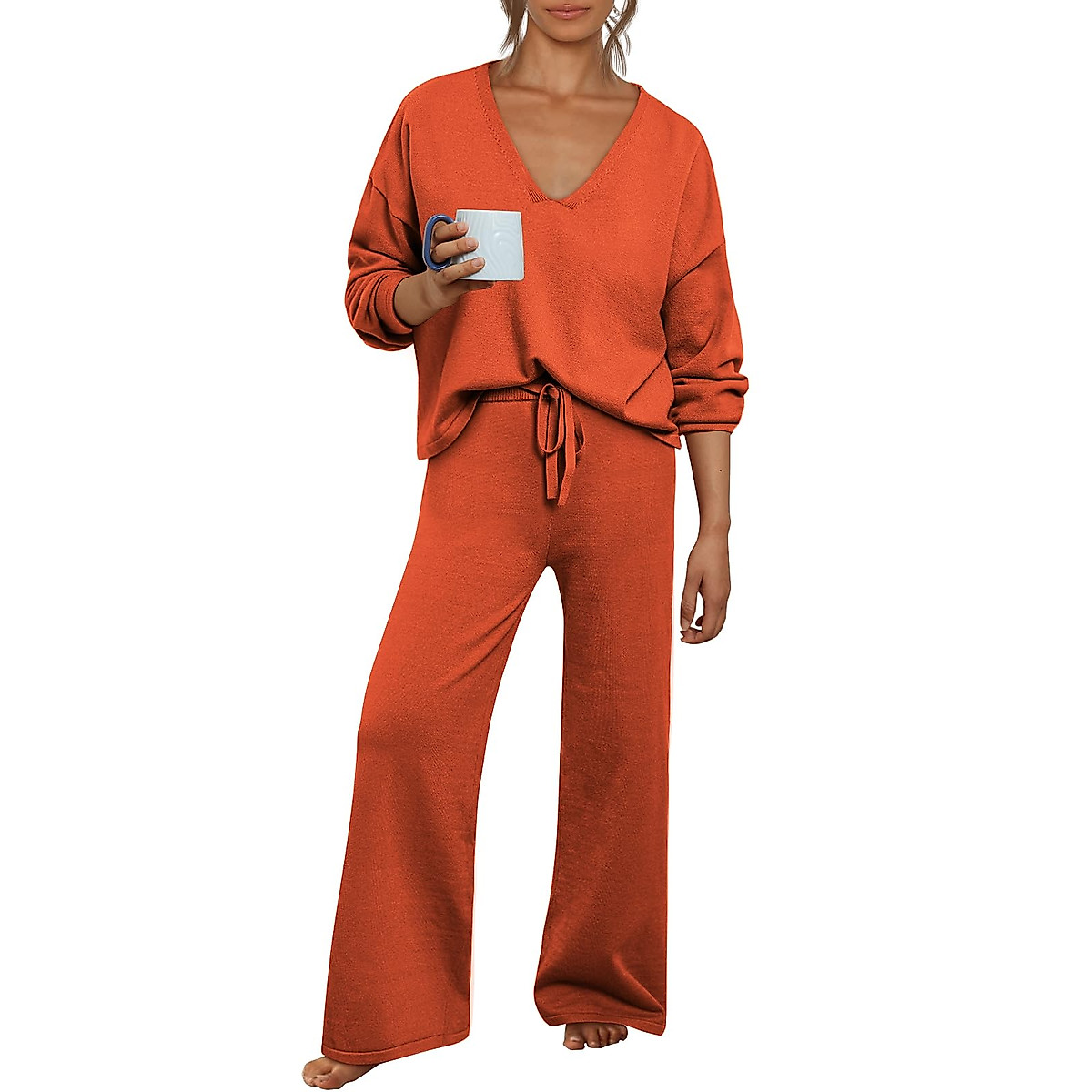 LILLUSORY Women's Two Piece Outfits Sweater set Knit Top Set And Loose Wide Leg Pants Lounge Sweatsuit