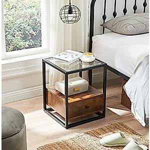 SICOTAS Nightstand Set of 2 - Tempered Glass Top with Drawer - Modern Glass Night Stand with Drawer and Storage Shelf, Industrial End Table Side Table, Bedside Table with Metal Frame for Living Room