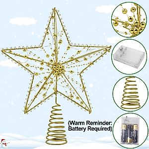 AUMAYCO Gold Christmas Tree Topper Star with Warm White LED Lights and Pearl Beads, 20 LED Lights Star Tree Topper for Christmas Tree Decorations and Xmas Holiday Seasonal Décor, Battery Required