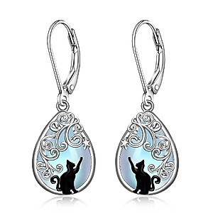 Cat Earrings Moonstone Filigree Earrings for Women Sterling Silver Teardrop Moonstone Black Cat Earring Dangle Cats Jewelry Cute Valentines Christmas Gifts