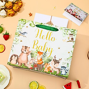 Baby Shower Paper Bag Hello Baby Large Gift Bag Woodland Animals Sage Green Baby Girl Boy Wrapping Paper with Tissue Paper Card for Baby Shower Birthday Gender Reveal Party Favors Decorations Supplies