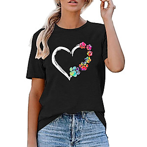 Sunidol Womens Dog Mom Shirts Cute Dog Paw Print Mother's Day Multicolor Heart Graphic Short Sleeve Crewneck Casual Pullover Tops Black XXL