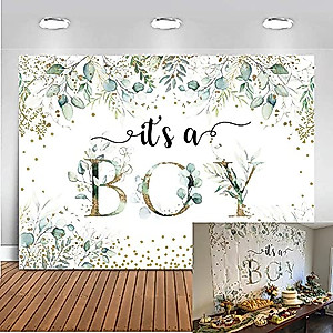 Mocsicka It's a Boy Backdrop Boy Baby Shower Greenery Eucalyptus Baby Shower Party Decorations Banner 7x5ft Summer Green Leaves Boy Baby Shower Photography Background