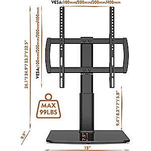 Universal Swivel TV Stand/Base Table Top TV Stand 27 to 60 inch TVs 80 Degree Swivel, 4 Level Height Adjustable, Heavy Duty Tempered Glass Base, Holds up to 99lbs Screens, HT04B-001