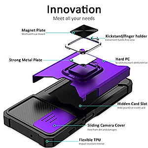 Nvollnoe for Samsung A03S Case with Sliding Camera Cover Heavy Duty Protective Galaxy A03S Case with Card Holder Magnetic Rotate Ring Kickstand Phone Case for Samsung Galaxy A03S(Purple)