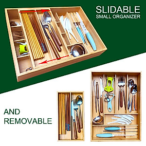 COIWAI Double layer Bamboo Kitchen Drawer Organizer, Utensil Drawer Organizer, Silverware & Cutlery Tray,With Slidable & Removable Utensil Tray,With Knife Holder, Flatware Organizer, Drawer Divider,